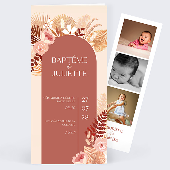 Faire-part baptême bohème terracotta à personnaliser