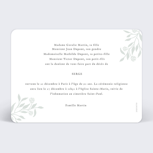 Faire part Décès Photo et Végétaux - Popcarte